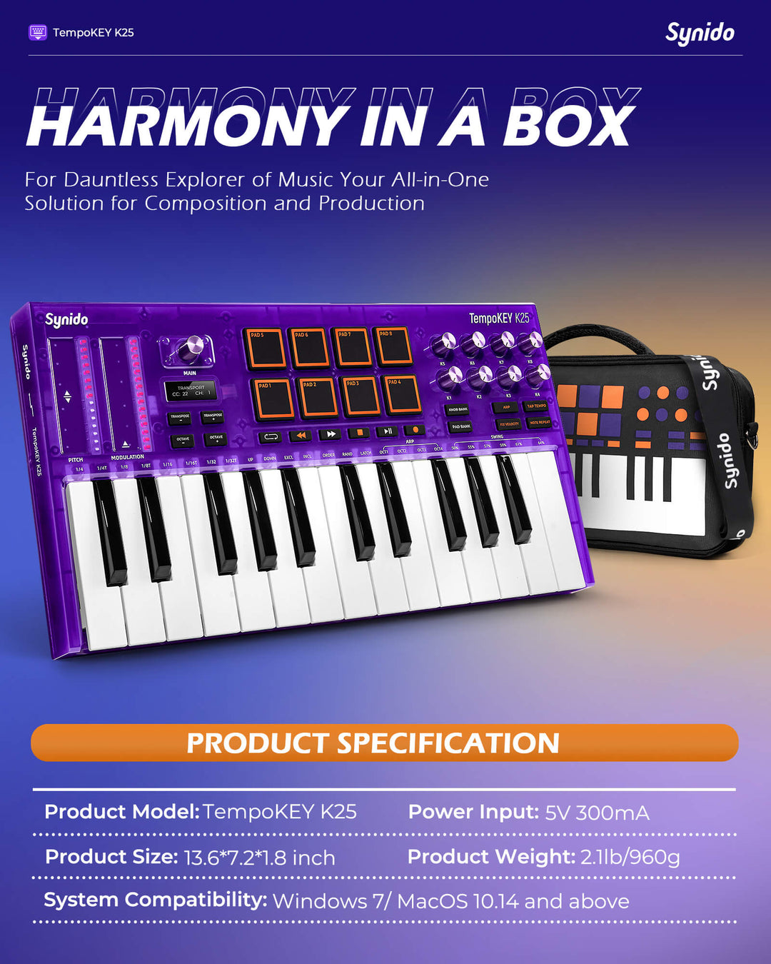 Synido TempoKEY K25 MIDI Controller Keyboard Beat Maker